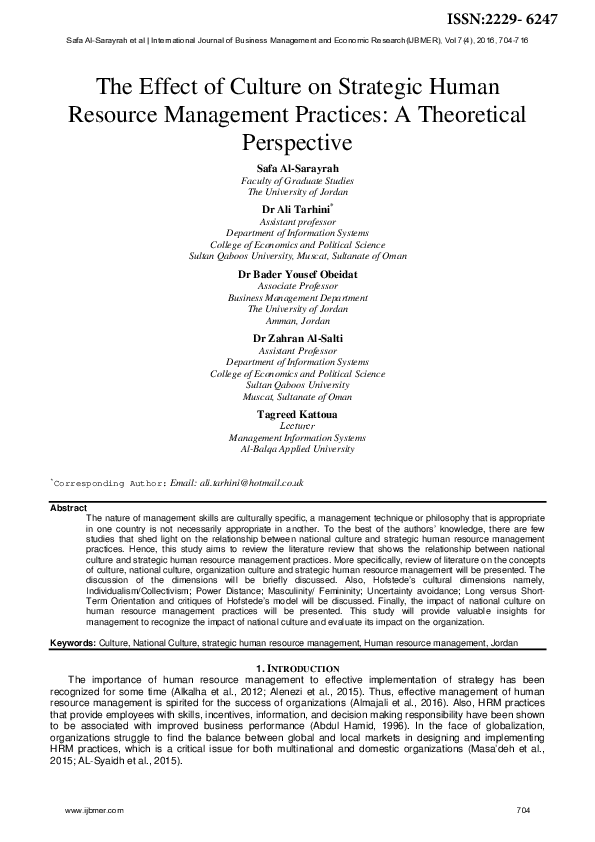 (PDF) The Effect of Culture on Strategic Human Resource Management Practices: A Theoretical ...
