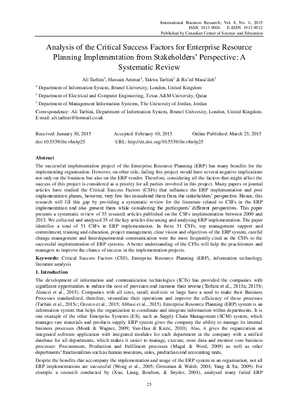(PDF) Analysis of the Critical Success Factors for Enterprise Resource Planning Implementation ...
