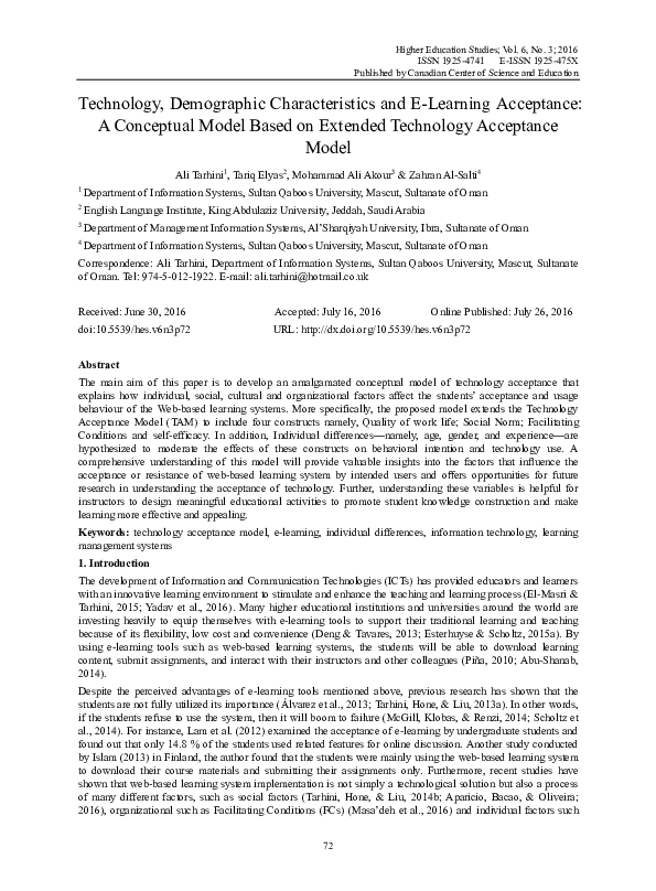 (PDF) Technology, Demographic Characteristics and E-Learning Acceptance: A Conceptual Model ...