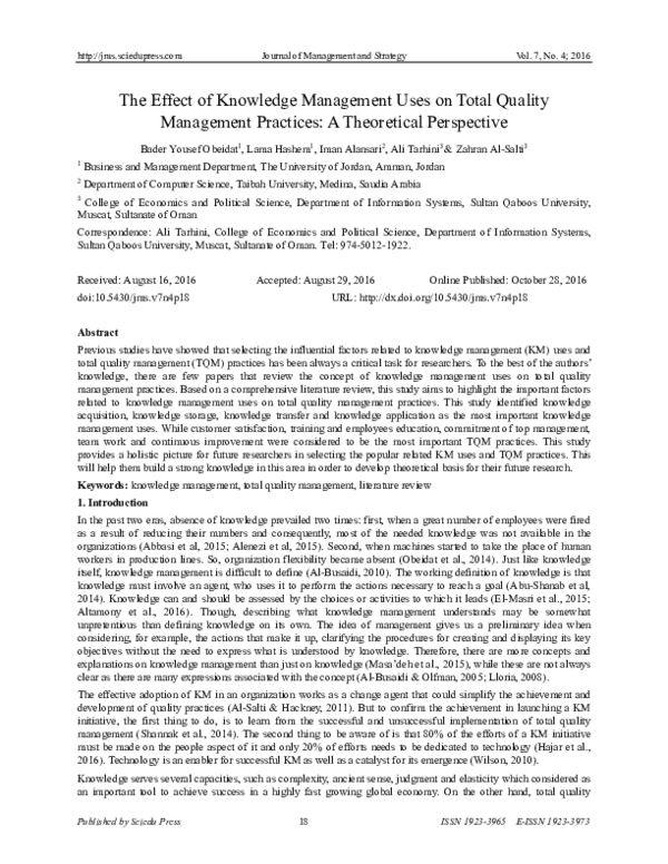 (PDF) The Effect of Knowledge Management Uses on Total Quality Management Practices: A ...