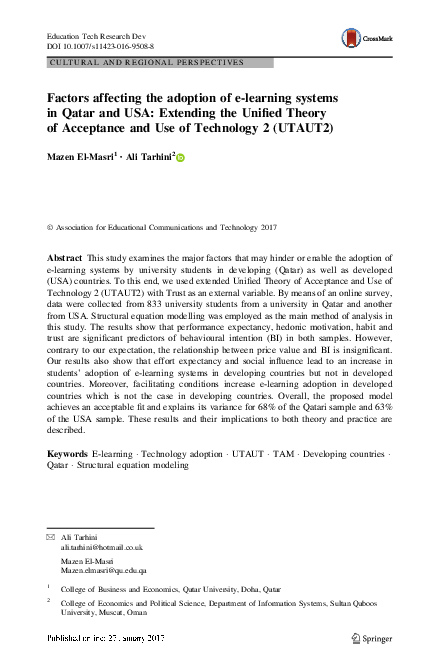 (PDF) Factors affecting the adoption of e-learning systems in Qatar and USA: Extending the ...