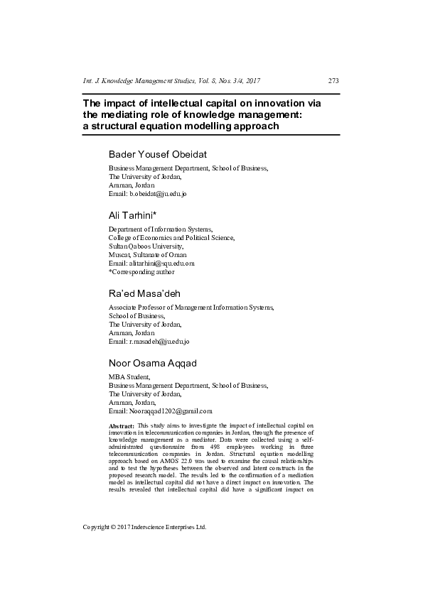 (PDF) The impact of intellectual capital on innovation via the mediating role of knowledge ...