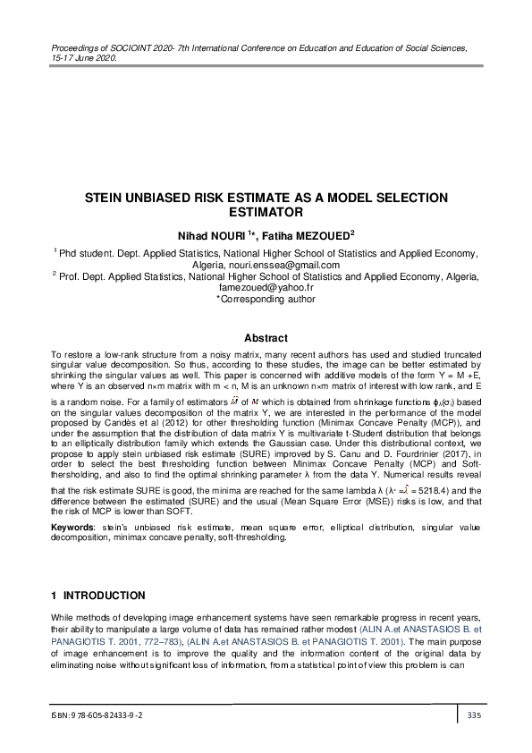 (PDF) Stein Unbiased Risk Estimate as a Model Selection Estimator