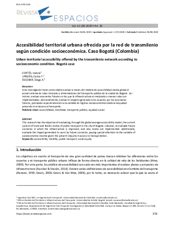 (PDF) Accesibilidad territorial urbana ofrecida por la red de transmilenio según condición ...