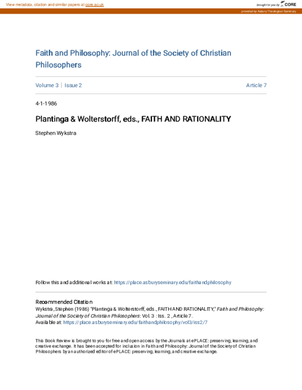 (PDF) Alvin Plantinga and Nicholas Wolterstorff, eds., FAITH AND ...