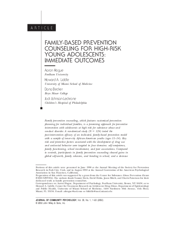 (PDF) Family-based prevention counseling for high-risk young ...