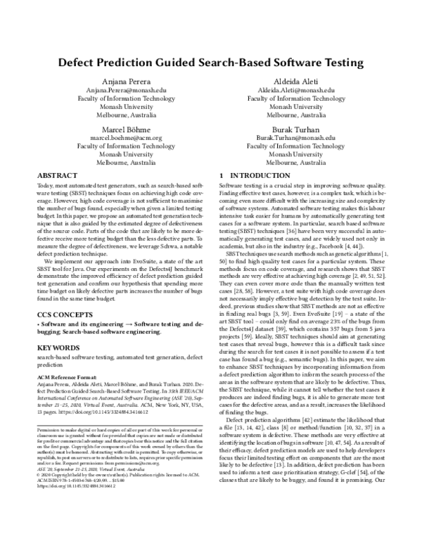 Pdf Defect Prediction Guided Search Based Software Testing Anjana Perera