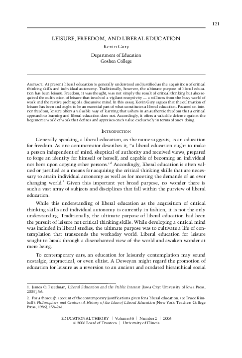 (PDF) Leisure, Freedom, and Liberal Education