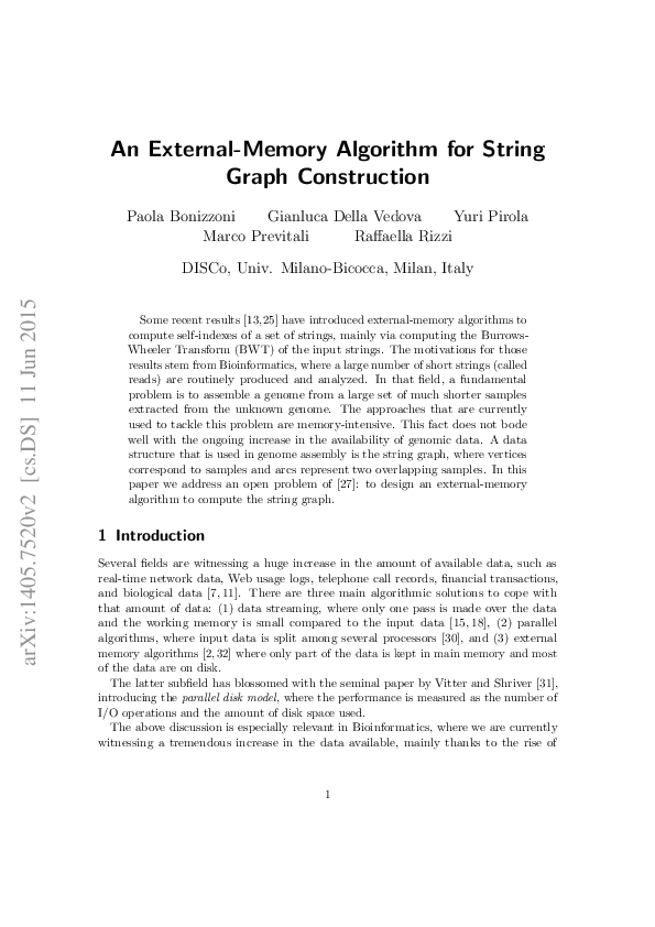 (PDF) Constructing String Graphs in External Memory | Paola Bonizzoni - Academia.edu
