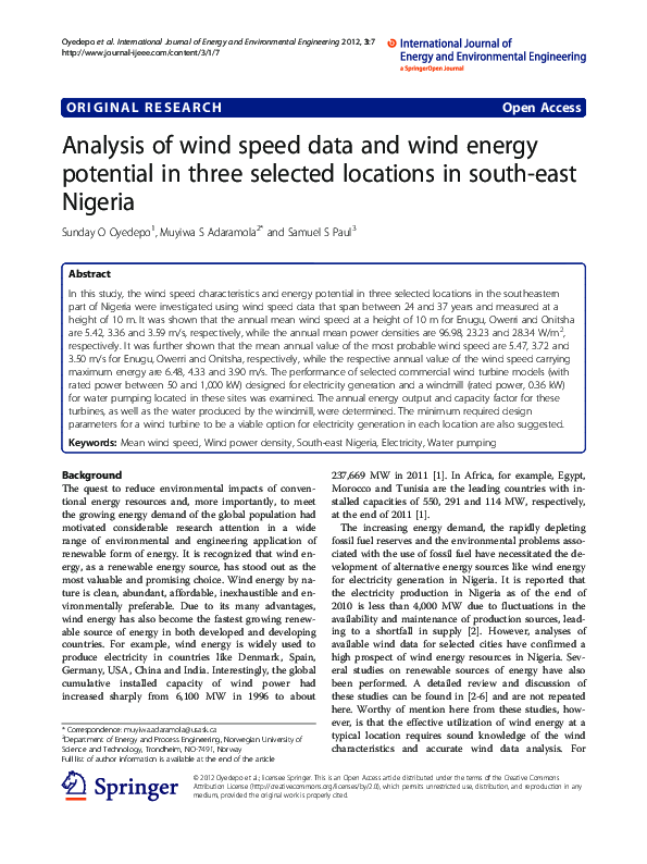 (PDF) Analysis of wind speed data and wind energy potential in three selected locations in south ...