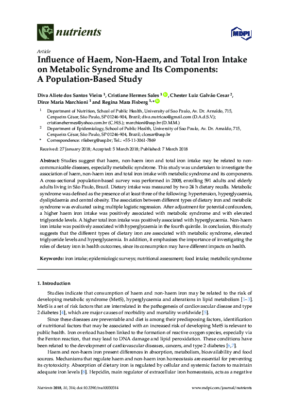 (PDF) Influence of Haem, Non-Haem, and Total Iron Intake on Metabolic ...