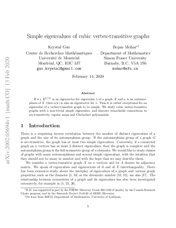 (PDF) Simple eigenvalues of cubic vertex-transitive graphs