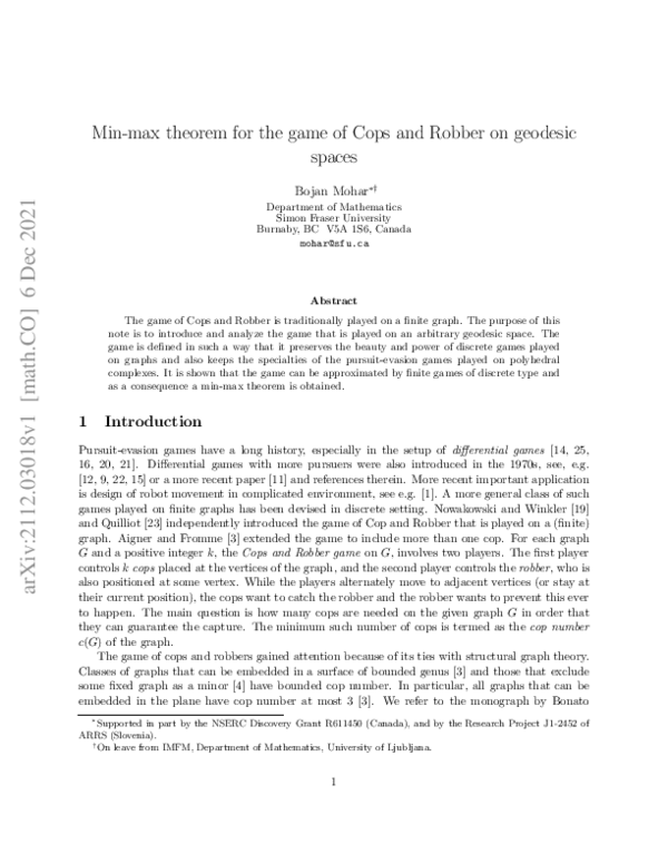 Pdf Min Max Theorem For The Game Of Cops And Robber On Geodesic Spaces