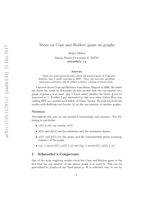 (PDF) Notes on Cops and Robber game on graphs