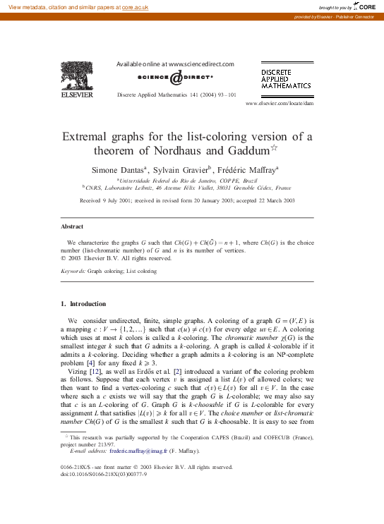 (PDF) Extremal graphs for the list-coloring version of a theorem of Nordhaus and Gaddum