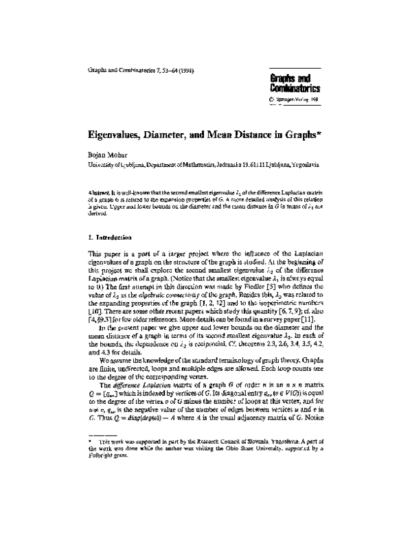 (PDF) Eigenvalues, diameter, and mean distance in graphs