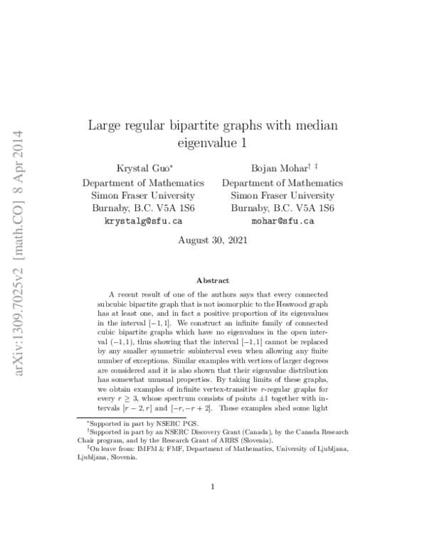 (PDF) Large regular bipartite graphs with median eigenvalue 1