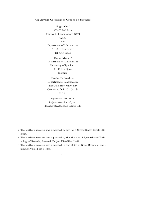 (PDF) On acyclic colorings of graphs on surfaces