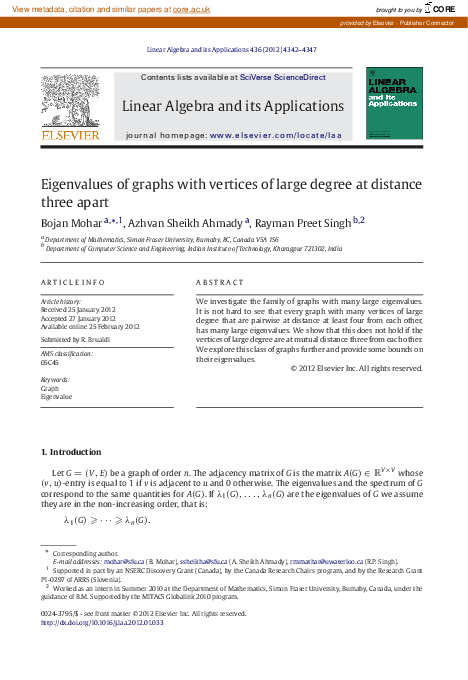 (PDF) Eigenvalues of graphs with vertices of large degree at distance three apart