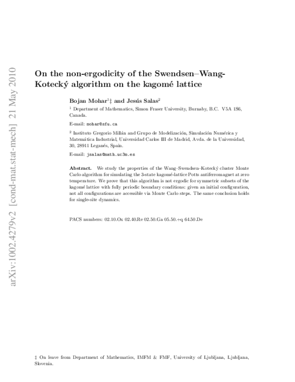(PDF) On the non-ergodicity of the Swendsen–Wang–Kotecký algorithm on the kagomé lattice