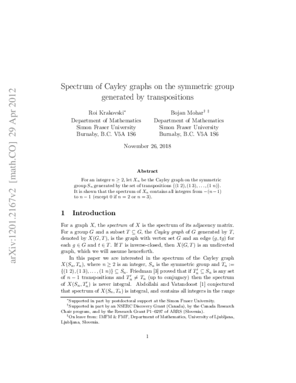 (PDF) Spectrum of Cayley graphs on the symmetric group generated by transpositions