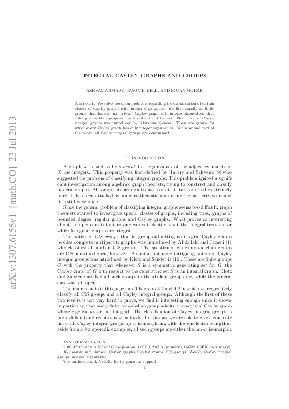 (PDF) Integral Cayley Graphs and Groups | Bojan Mohar - Academia.edu