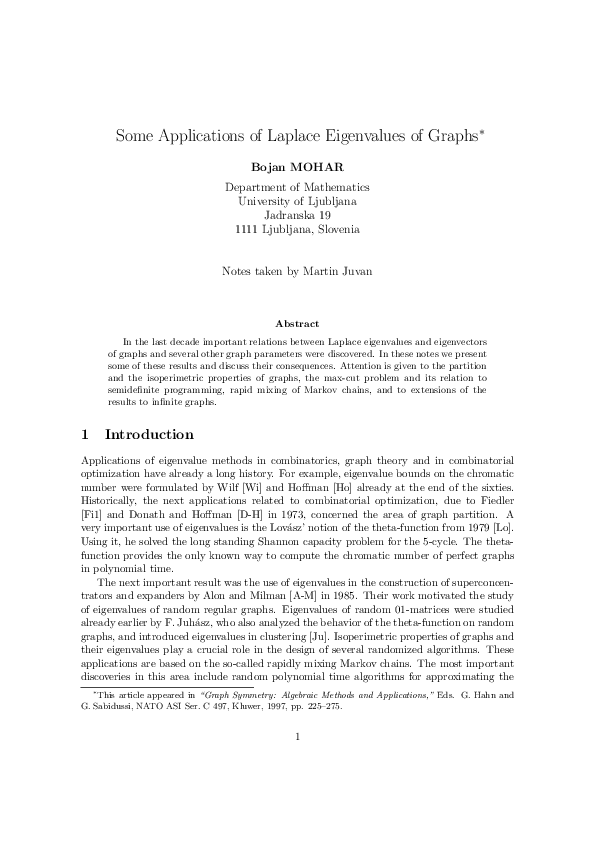 (PDF) Some applications of Laplace eigenvalues of graphs