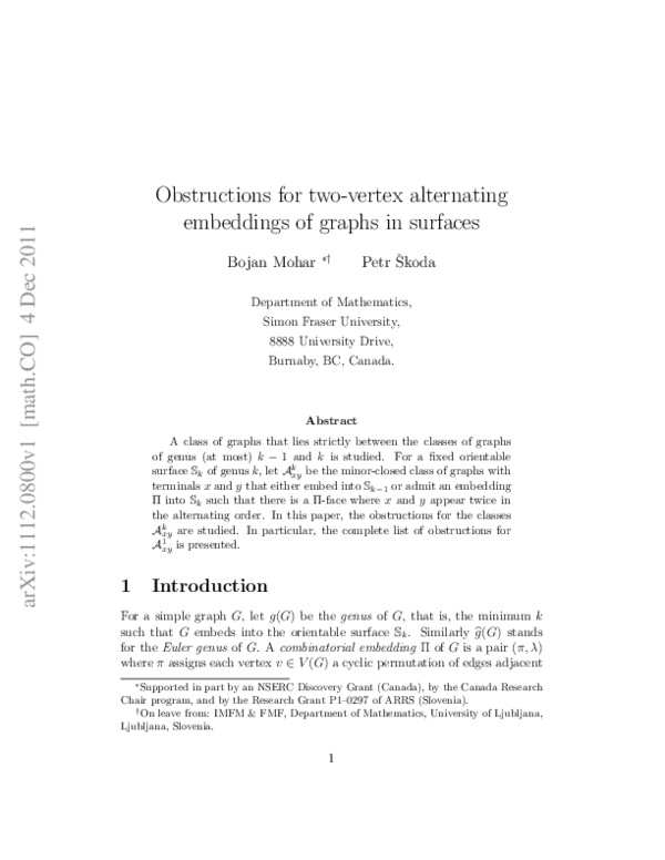 (PDF) Obstructions for two-vertex alternating embeddings of graphs in surfaces | Bojan Mohar ...