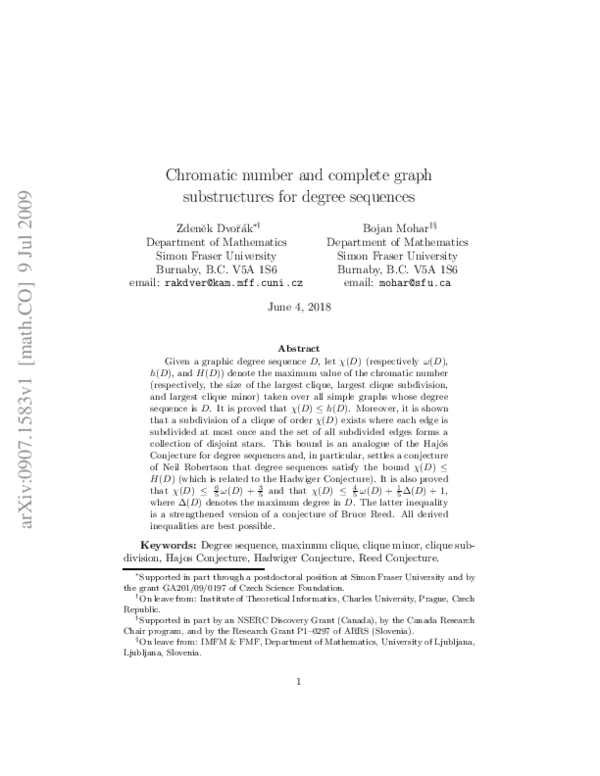 (PDF) Chromatic number and complete graph substructures for degree sequences