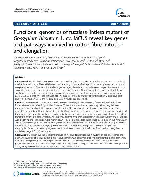 (PDF) Functional genomics of fuzzless-lintless mutant of Gossypium ...