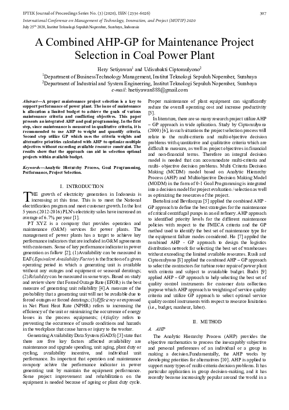 (PDF) A Combined AHP-GP for Maintenance Project Selection in Coal Power ...