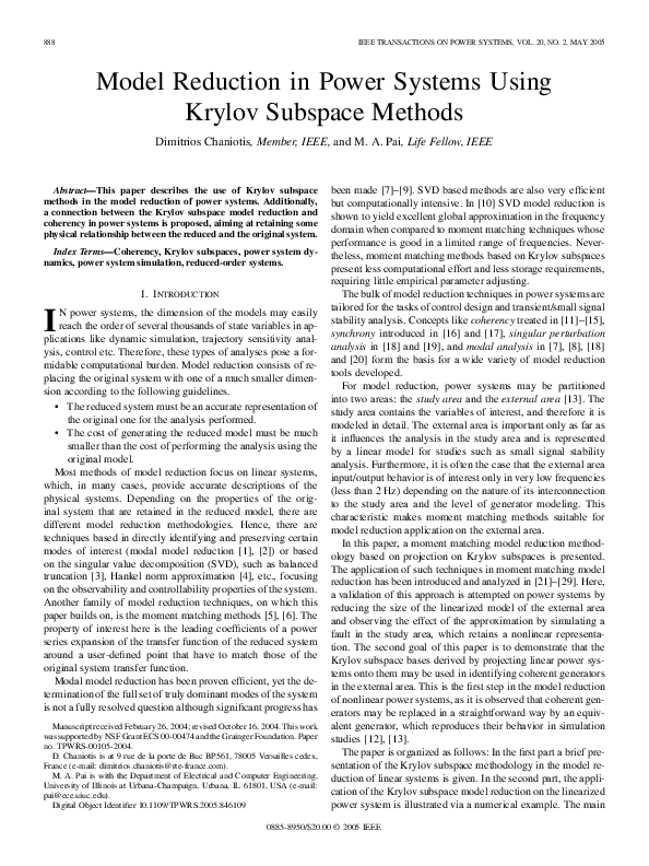 (PDF) Model Reduction in Power Systems Using Krylov Subspace Methods