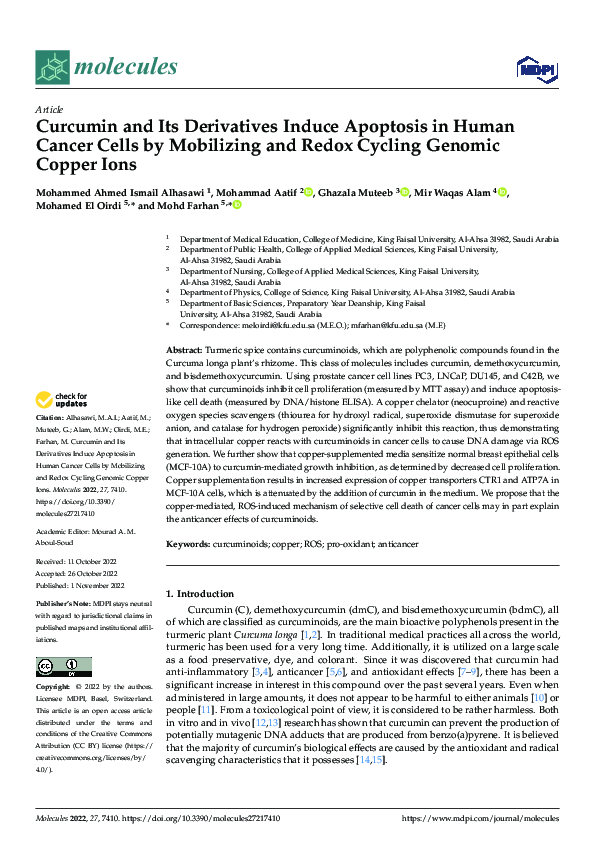 (PDF) Curcumin and Its Derivatives Induce Apoptosis in Human Cancer Cells by Mobilizing and ...