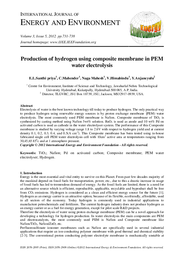 Pdf Production Of Hydrogen Using Composite Membrane In Pem Water Electrolysis
