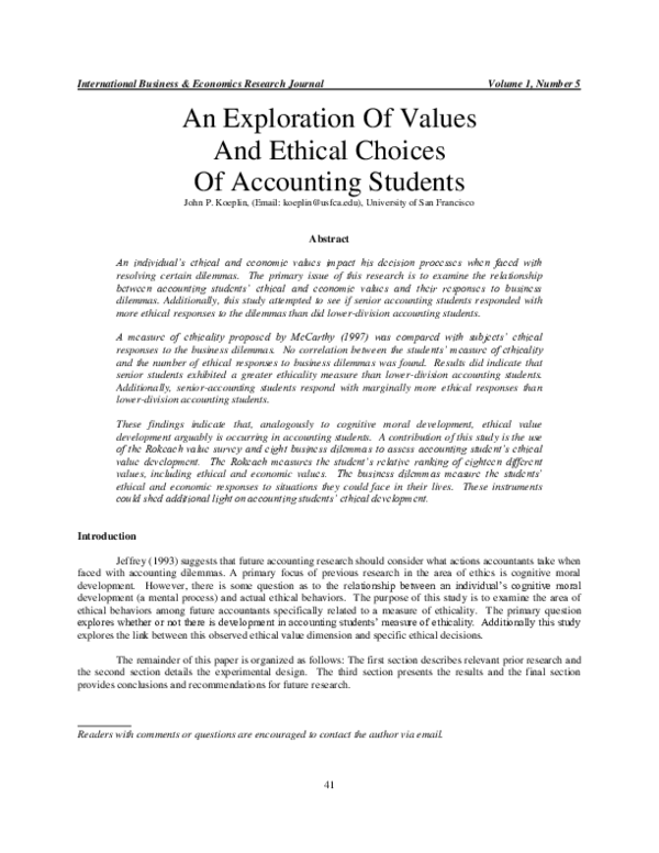 (PDF) An Exploration Of Values And Ethical Choices Of Accounting Students