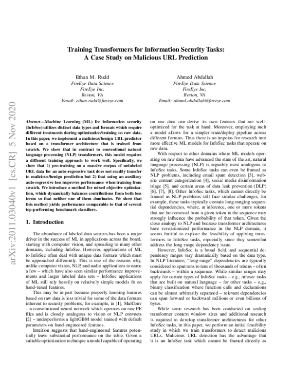 (PDF) Training Transformers for Information Security Tasks: A Case Study on Malicious URL Prediction