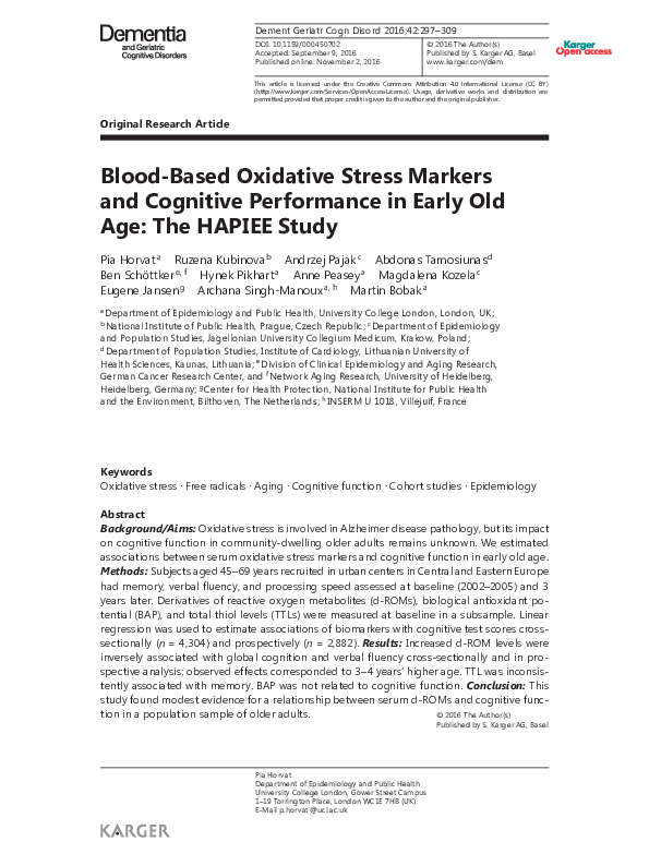 (PDF) Blood-Based Oxidative Stress Markers and Cognitive Performance in Early Old Age: The ...