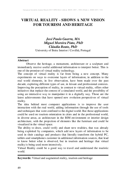 (PDF) Virtual Reality - Shows a New Vision for Tourism and Heritage