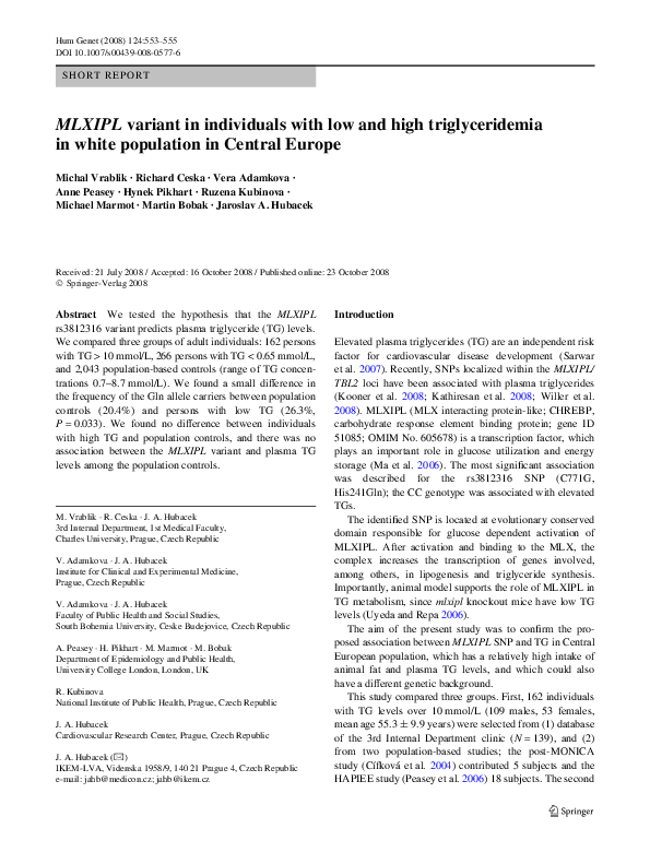 (PDF) MLXIPL variant in individuals with low and high triglyceridemia ...