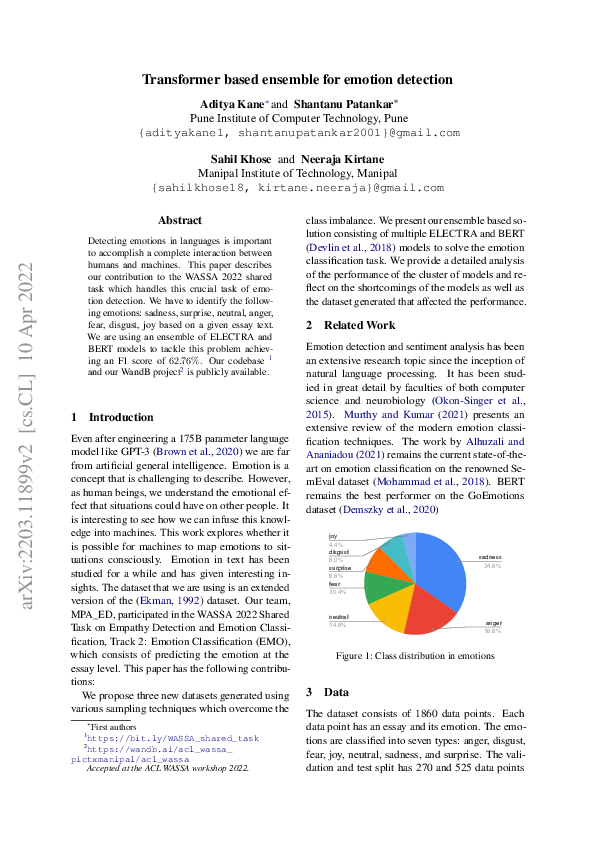 (PDF) Transformer based ensemble for emotion detection
