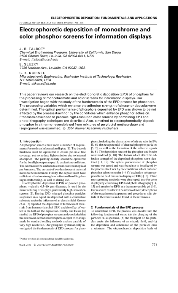 (PDF) Electrophoretic deposition of monochrome and color phosphor ...