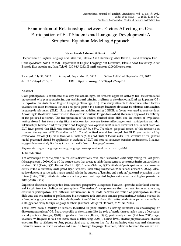 (PDF) Examination of relationships between factors affecting on oral participation of ELT ...