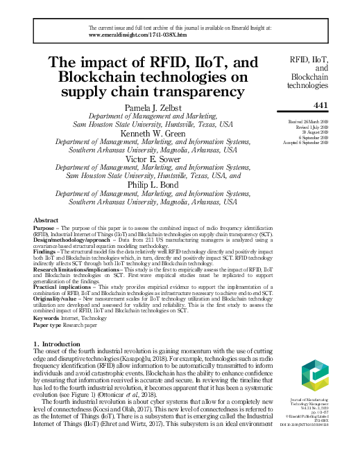 (PDF) The impact of RFID, IIoT, and Blockchain technologies on supply chain transparency