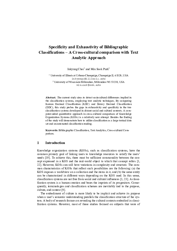 (PDF) Specificity and exhaustivity of bibliographic classifications – A cross-cultural ...