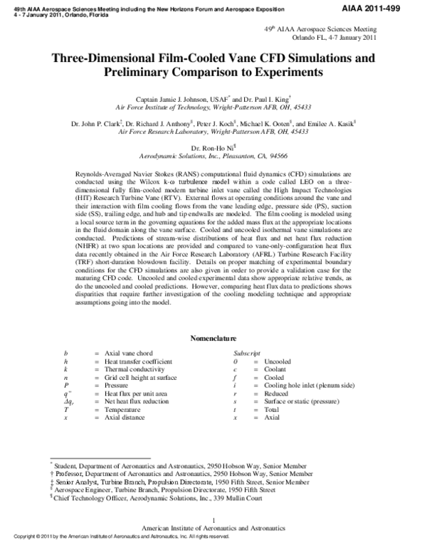 (PDF) Three-Dimensional Film-Cooled Vane CFD Simulations and Preliminary Comparison to Experiments