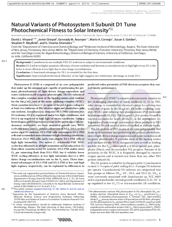 (PDF) Natural Variants of Photosystem II Subunit D1 Tune Photochemical ...