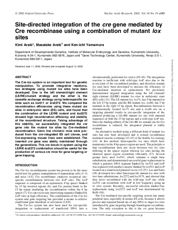 (PDF) Site-directed integration of the cre gene mediated by Cre ...