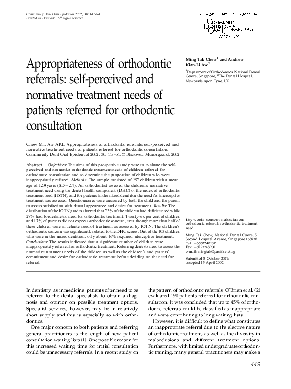 (PDF) Appropriateness of orthodontic referrals: self-perceived and ...