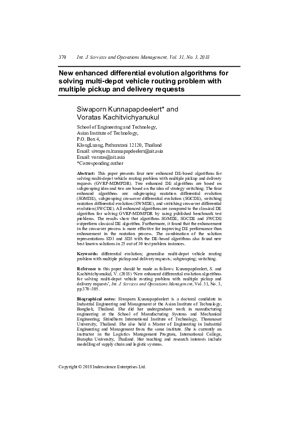 (PDF) New enhanced differential evolution algorithms for solving multi-depot vehicle routing ...