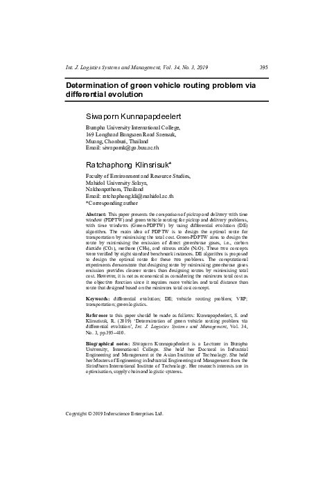Pdf Determination Of Green Vehicle Routing Problem Via Differential